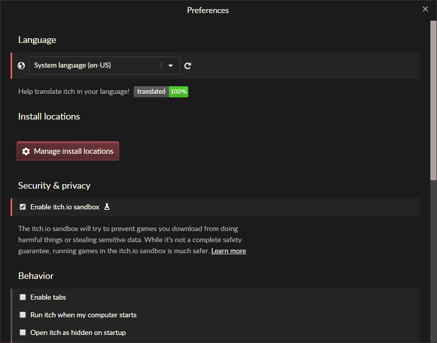 Preferences · The itch.io app book - itch.io